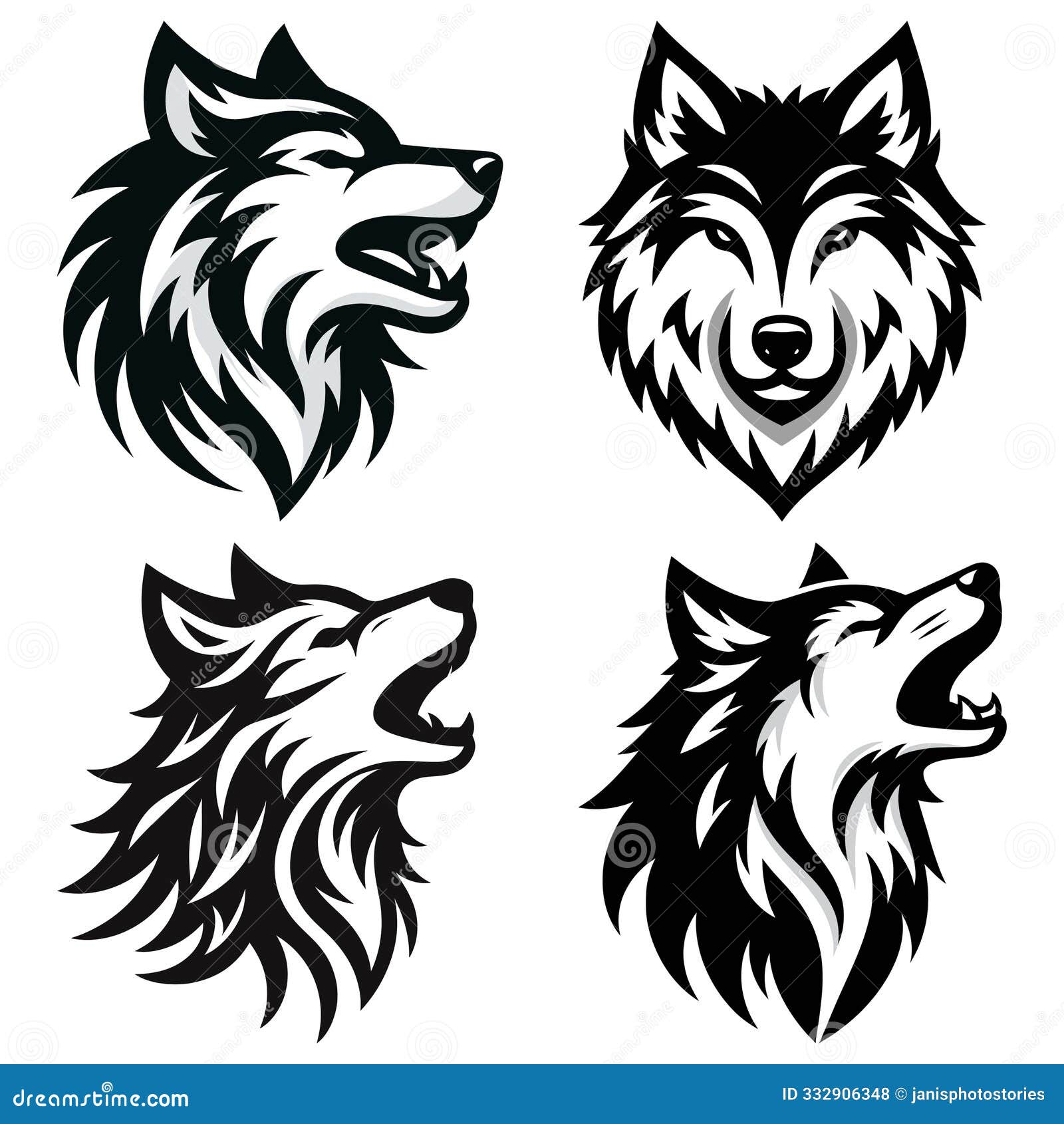 Stylized Wolf Head Illustrations, Vector Design, Black and White ...