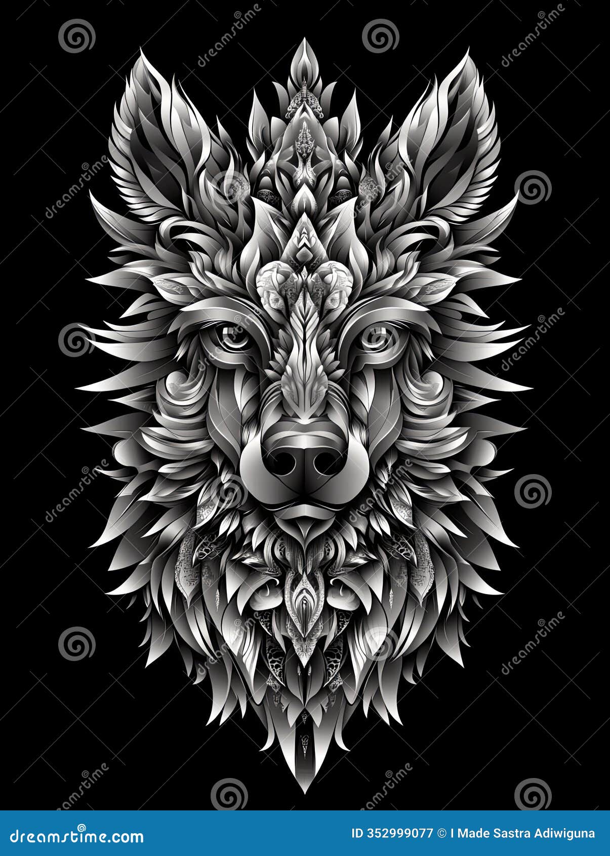 Stylized Wolf Head with Intricate Floral Ornament Stock Illustration ...