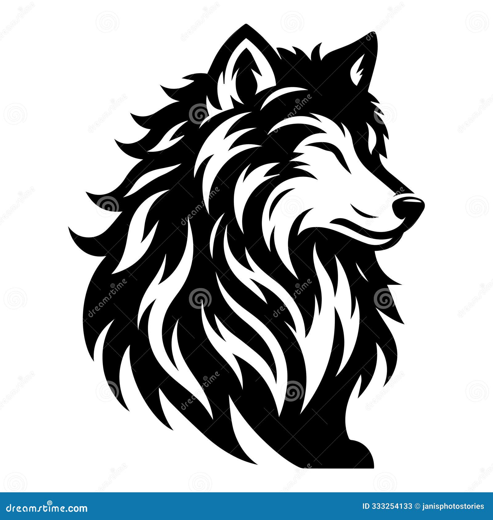 Stylized Wolf Head Vector Illustration In Black And White, Isolated ...