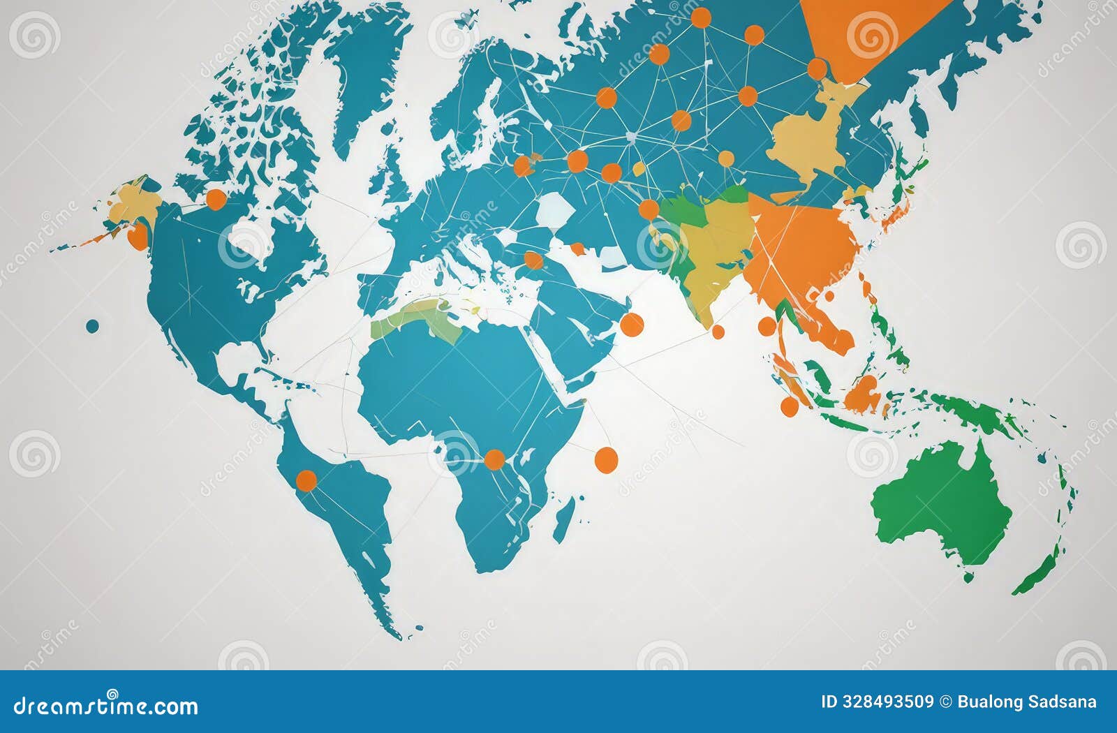 Stylized World Map With Blue And Orange Regions, Connected By Lines ...