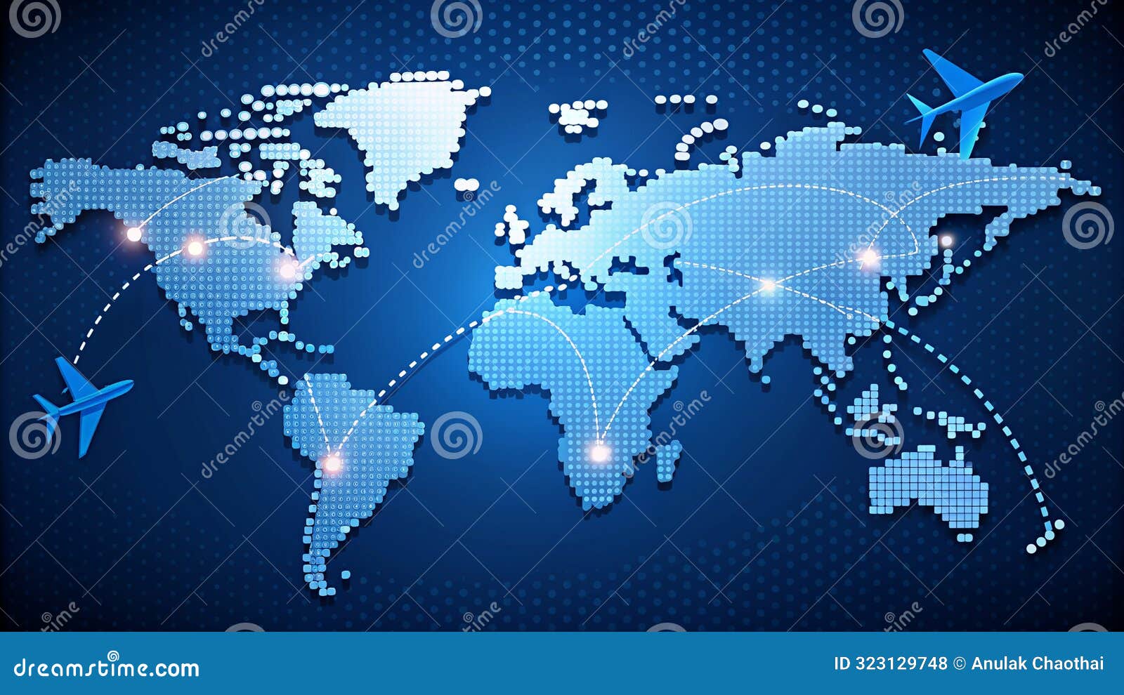 A Stylized World Map with Dotted Flight Paths and Airplane Icons Over a ...