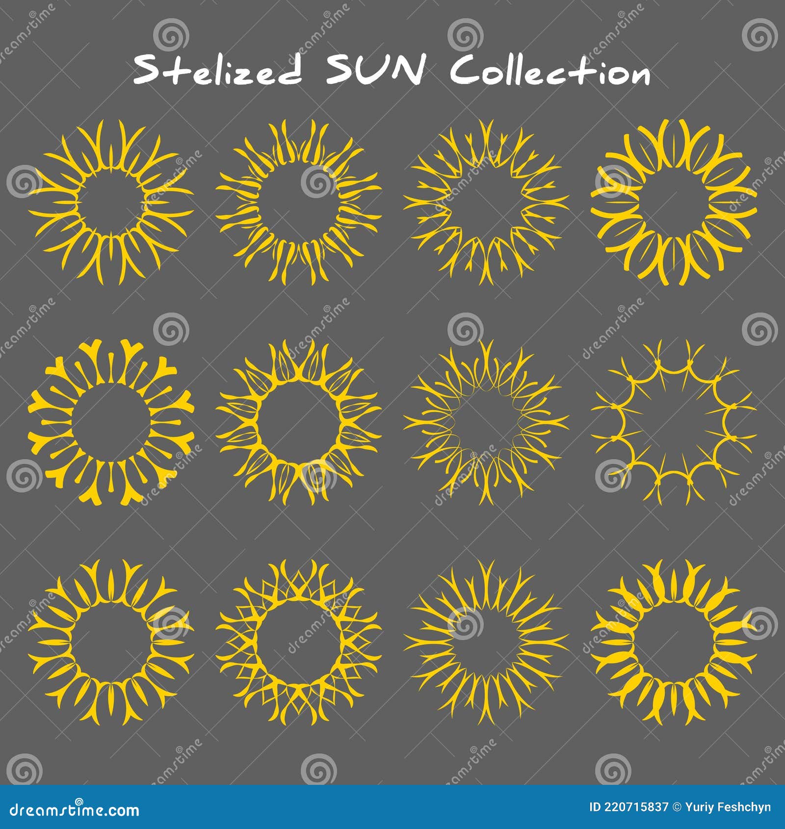 Stylized Yellow Sun Flat Icons Set Isolated on Grey Background. Vector ...