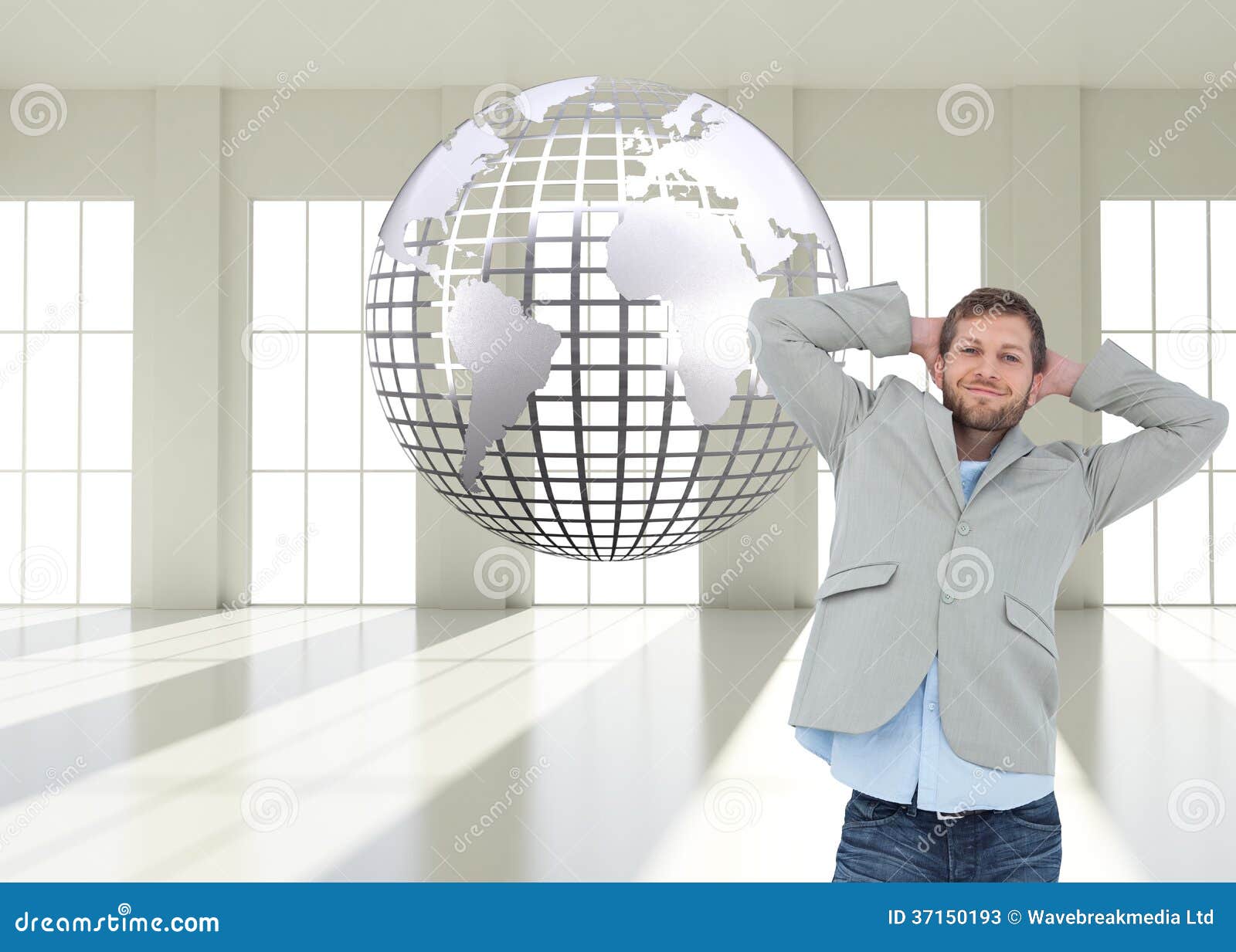 Suave Man in a Blazer with Hands Behind Head Looking at Camera Stock ...