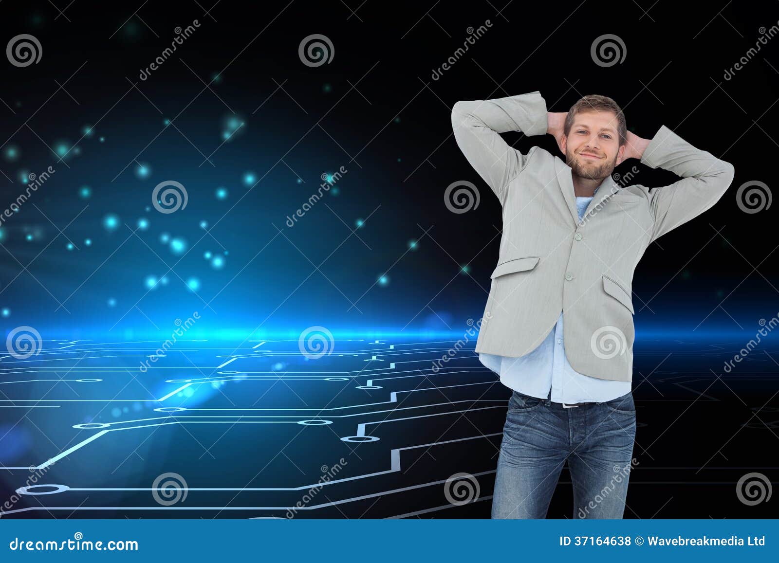 Suave Man in a Blazer with Hands Behind Head Looking at Camera Stock ...