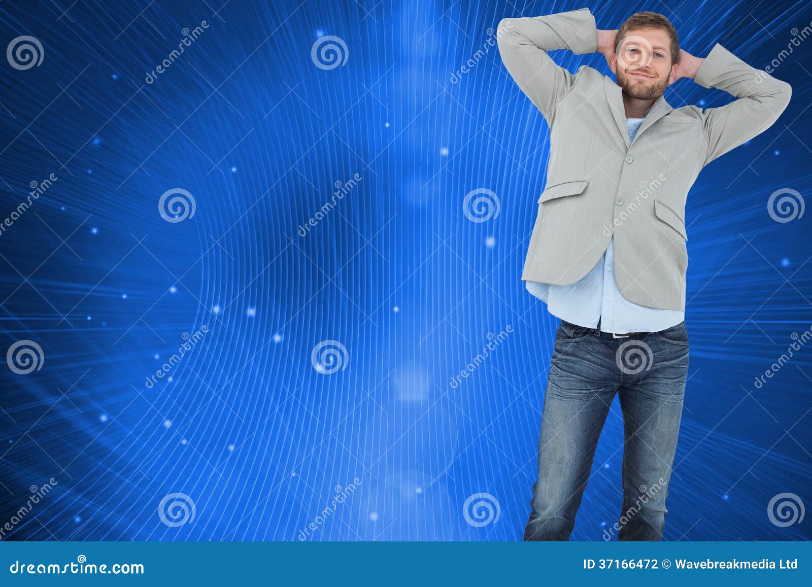 Suave Man in a Blazer with Hands Behind Head Looking at Camera Stock ...