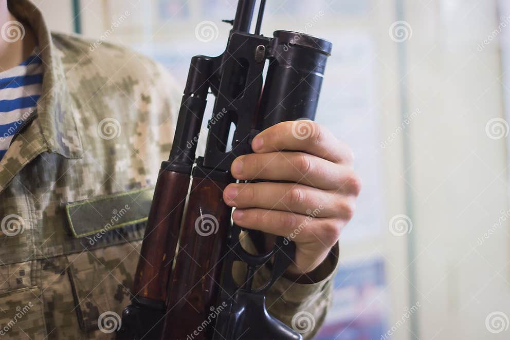 Sub Machine Gun on the Table in the Interior Gunsmith. Stock Image ...