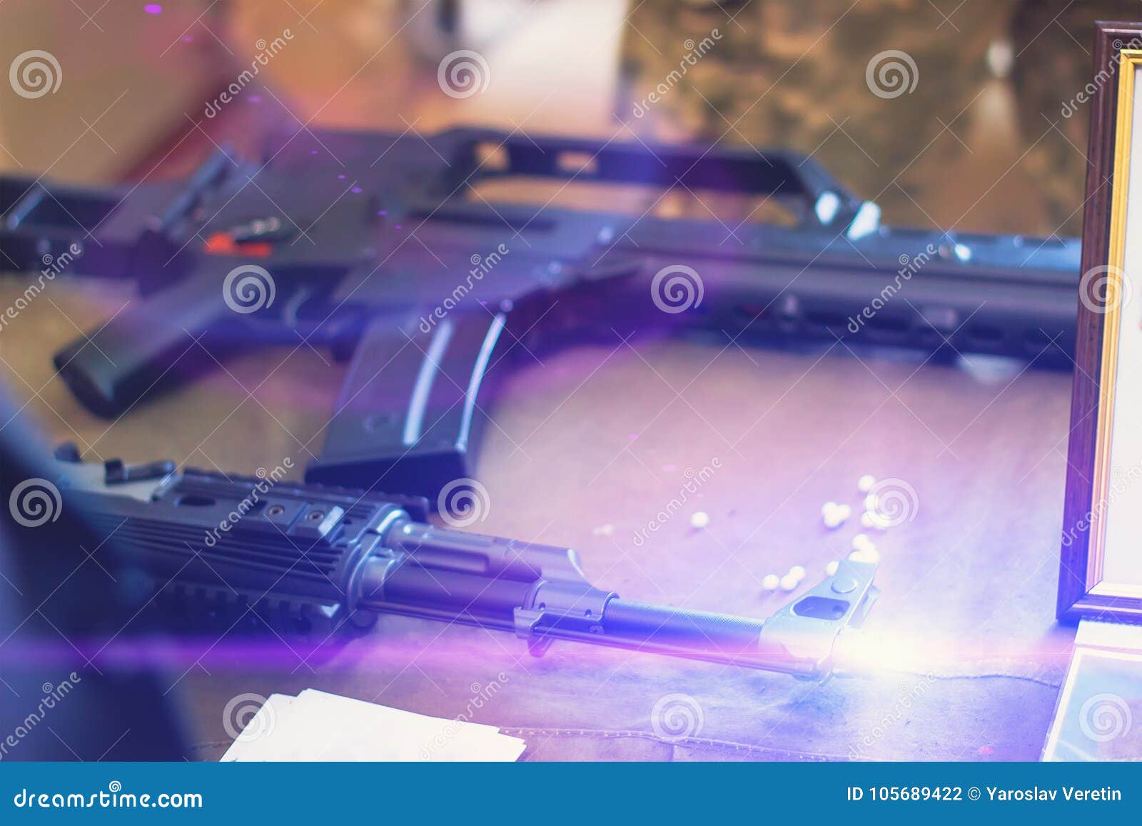 Sub Machine Gun on the Table in the Interior Gunsmith. Stock Photo ...