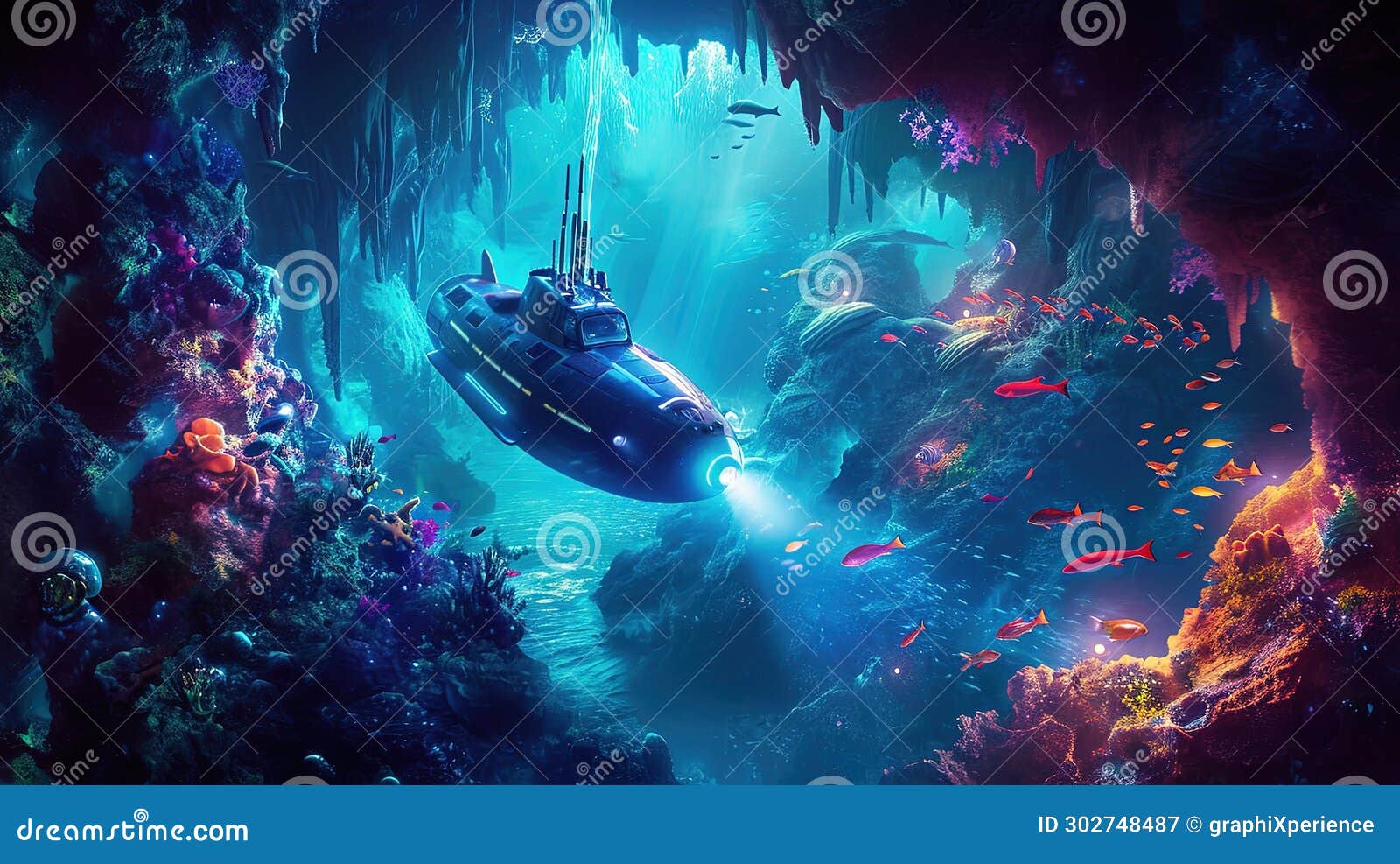 Submarine Adventure stock image. Image of underwater - 302748487
