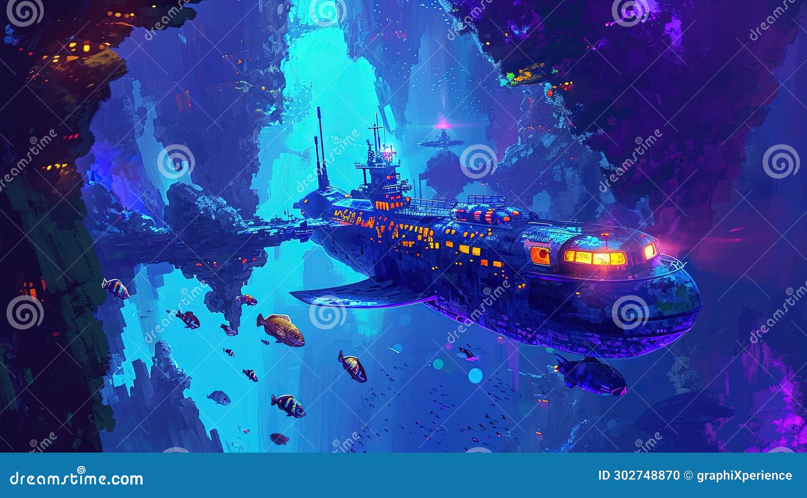 Submarine Adventure stock illustration. Illustration of canyon - 302748870