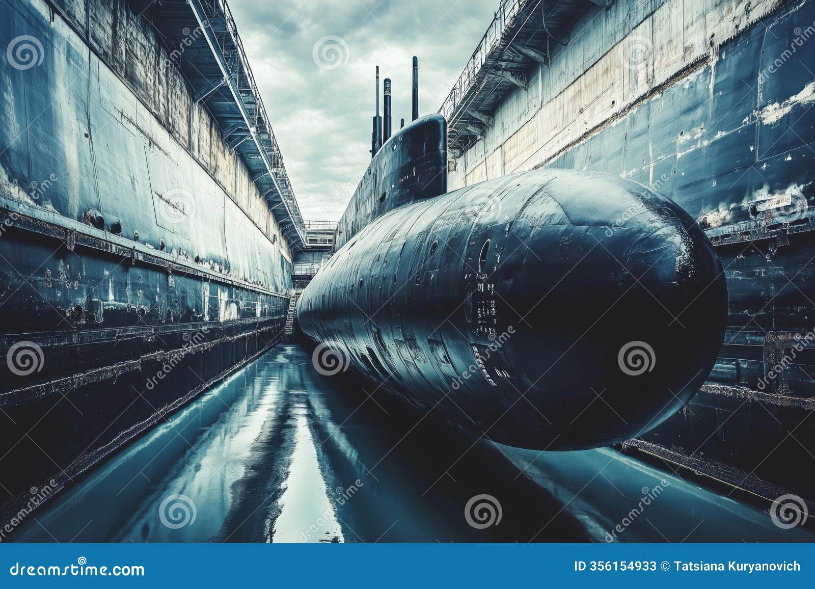 Submarine Docked in Dry Dock, Industrial Setting, Reflective Water ...