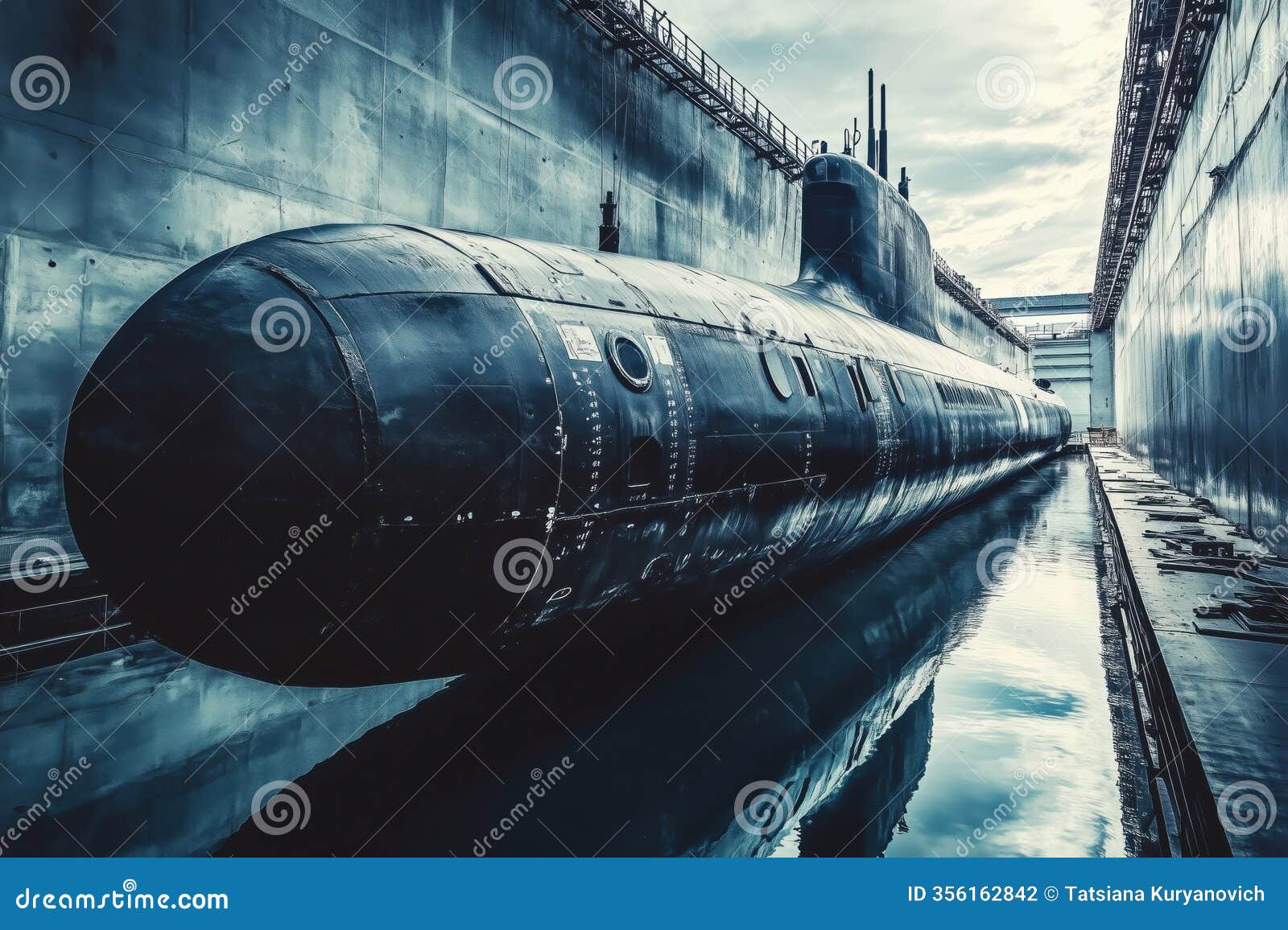 Submarine Docked in Dry Dock, Industrial Setting, Reflective Water ...