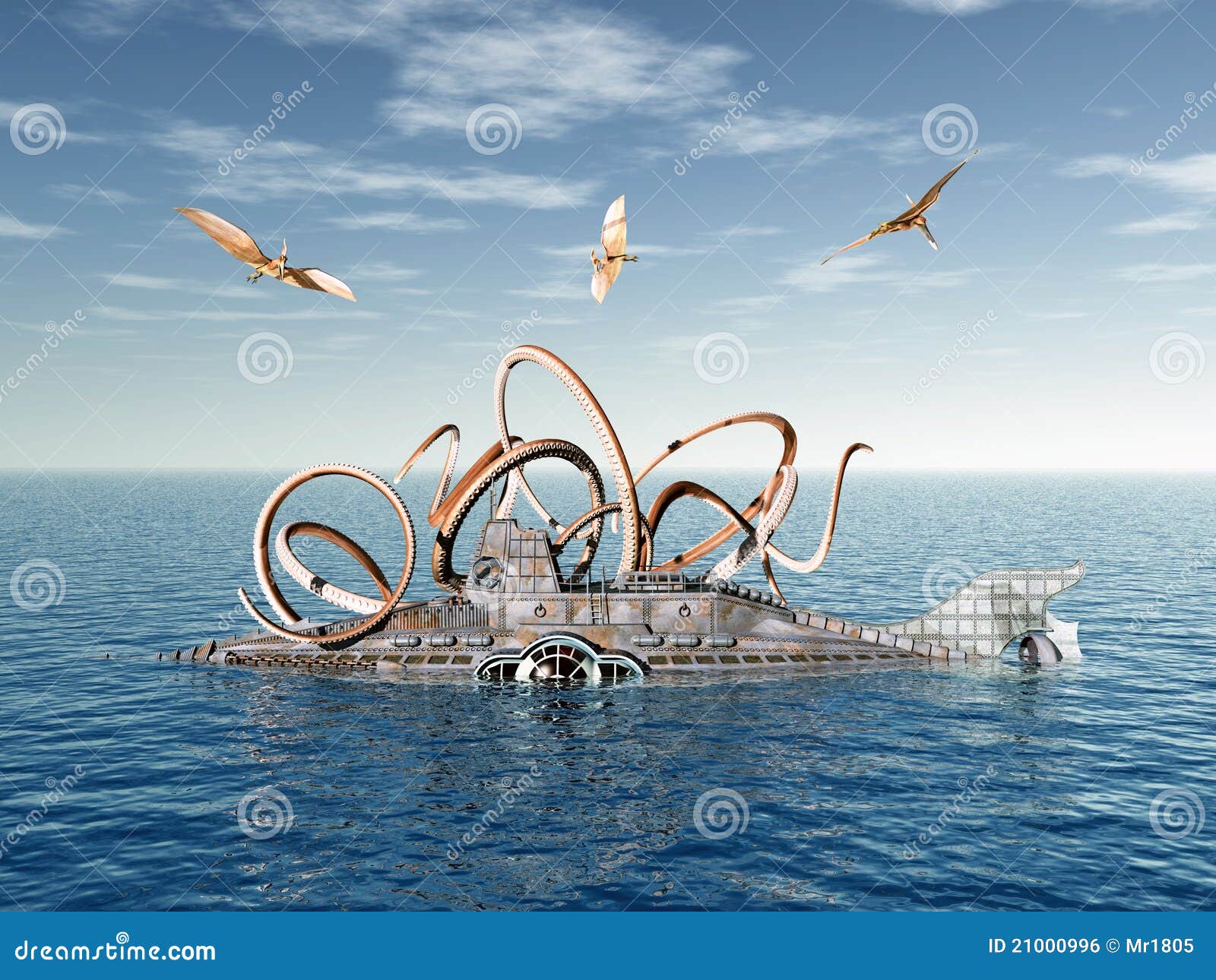 Submarine with Octopus and Flying Dinosaurs Stock Illustration ...