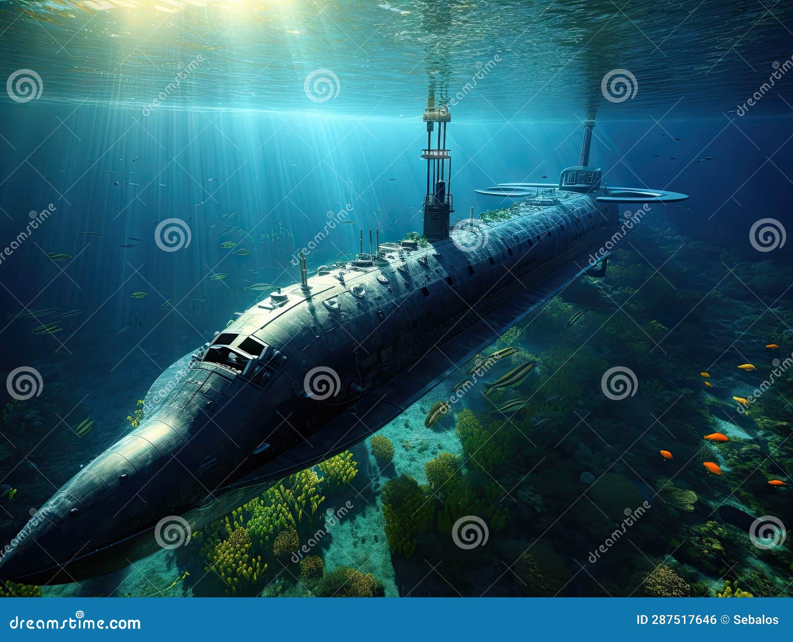 Submarine in the Open Ocean, Sun Shining Stock Illustration ...