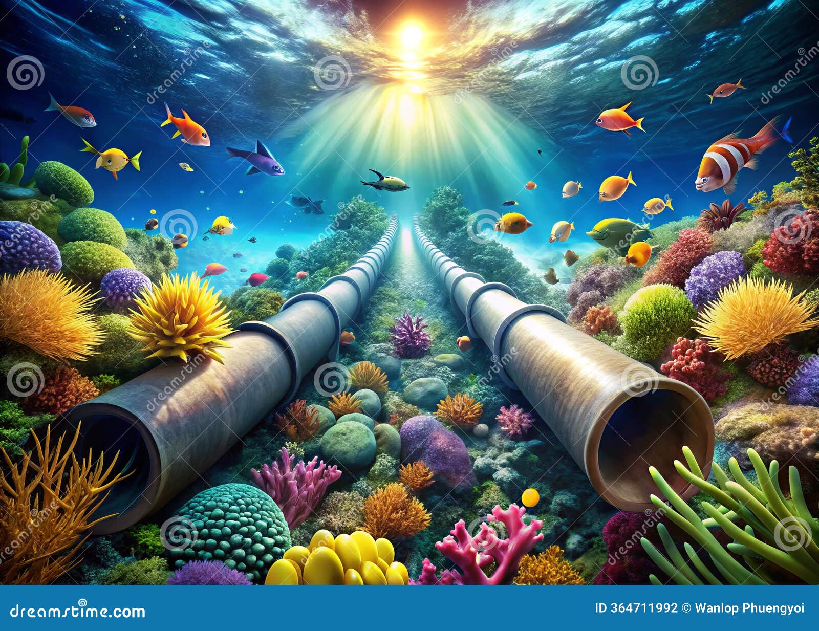 Subsea Data Stations Connected By Glowing Light Beams. Network Design ...