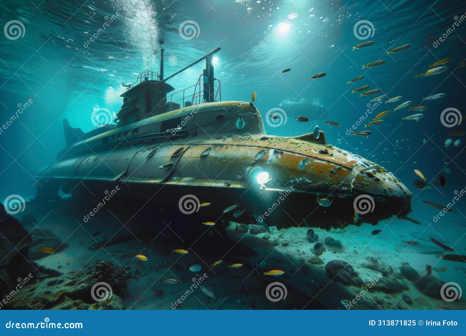 Submarine in Sea Reef with Surrounding Fish Underwater. Stock Image ...