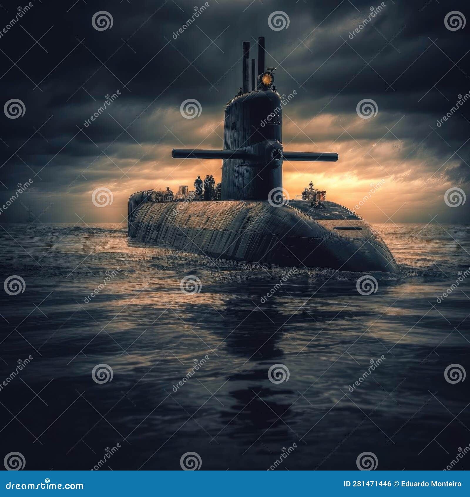Submarine in the Sea at Sunset Stock Illustration - Illustration of ...