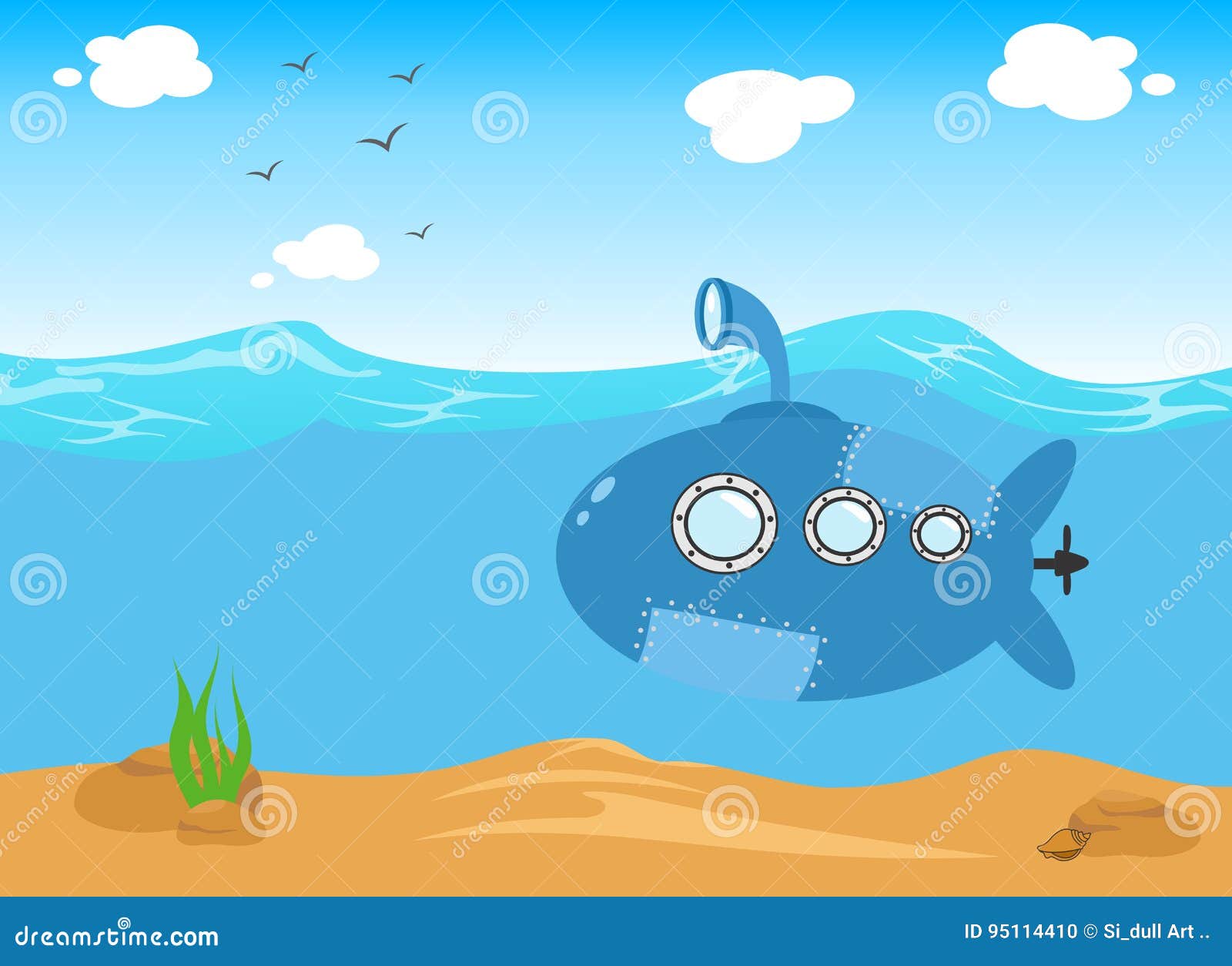 Submarine in the Sea, Vector Cartoon Illustration Stock Vector ...
