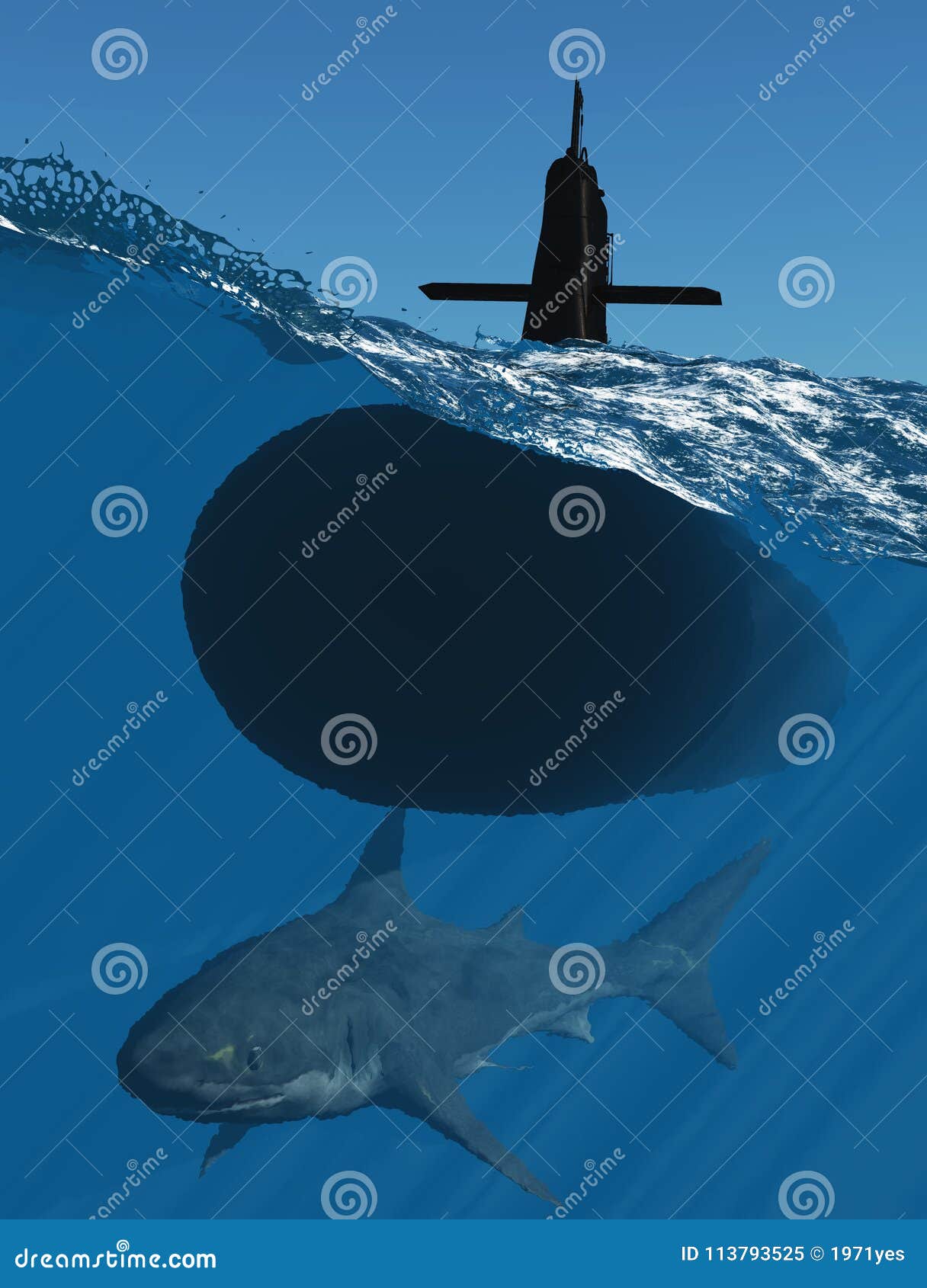 Submarine and and shark stock illustration. Illustration of depth ...
