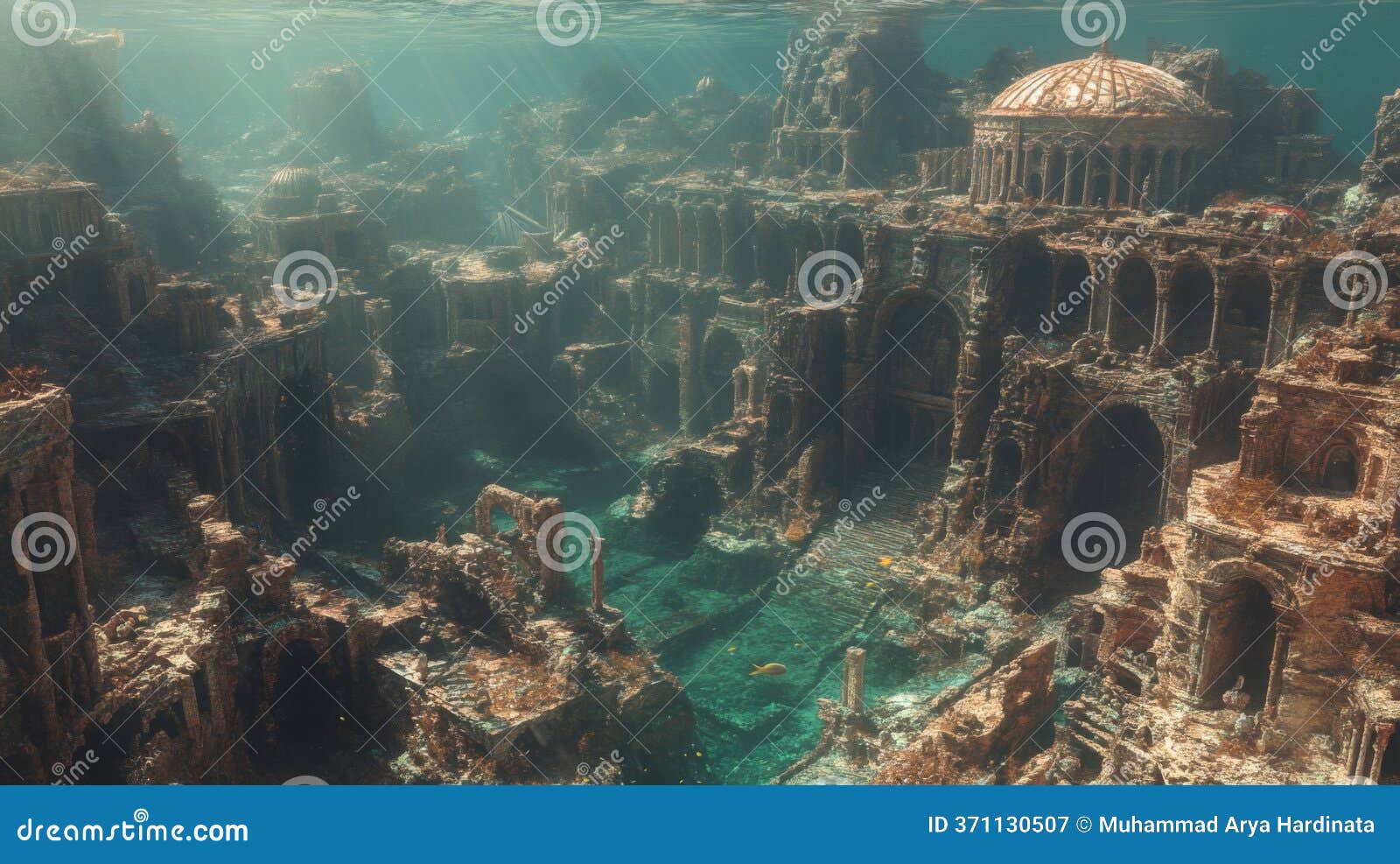 Submerged Ancient Pyramid Covered In Algae In Underwater Ocean With ...