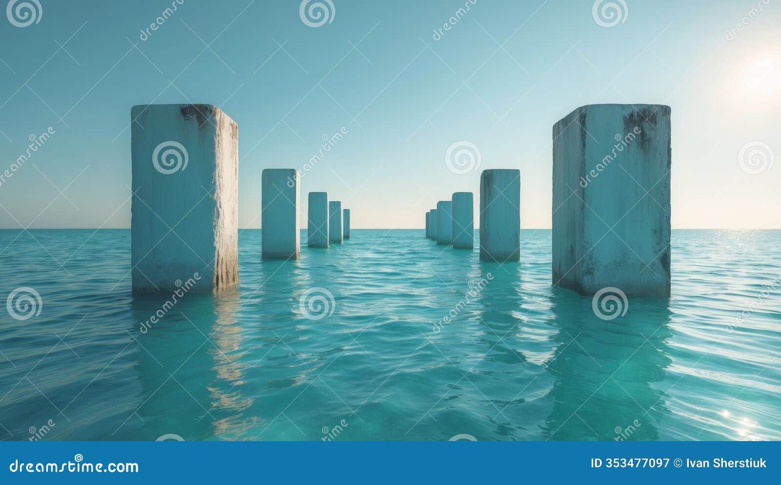 Submerged Pillars in Deep Blue Ocean Water Under Clear Sky. Stock Image ...