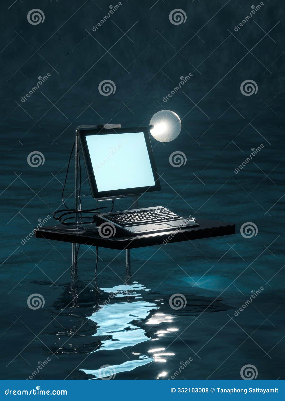 Submerged Workstation a Desktop Computer Keyboard and Lamp Float in ...