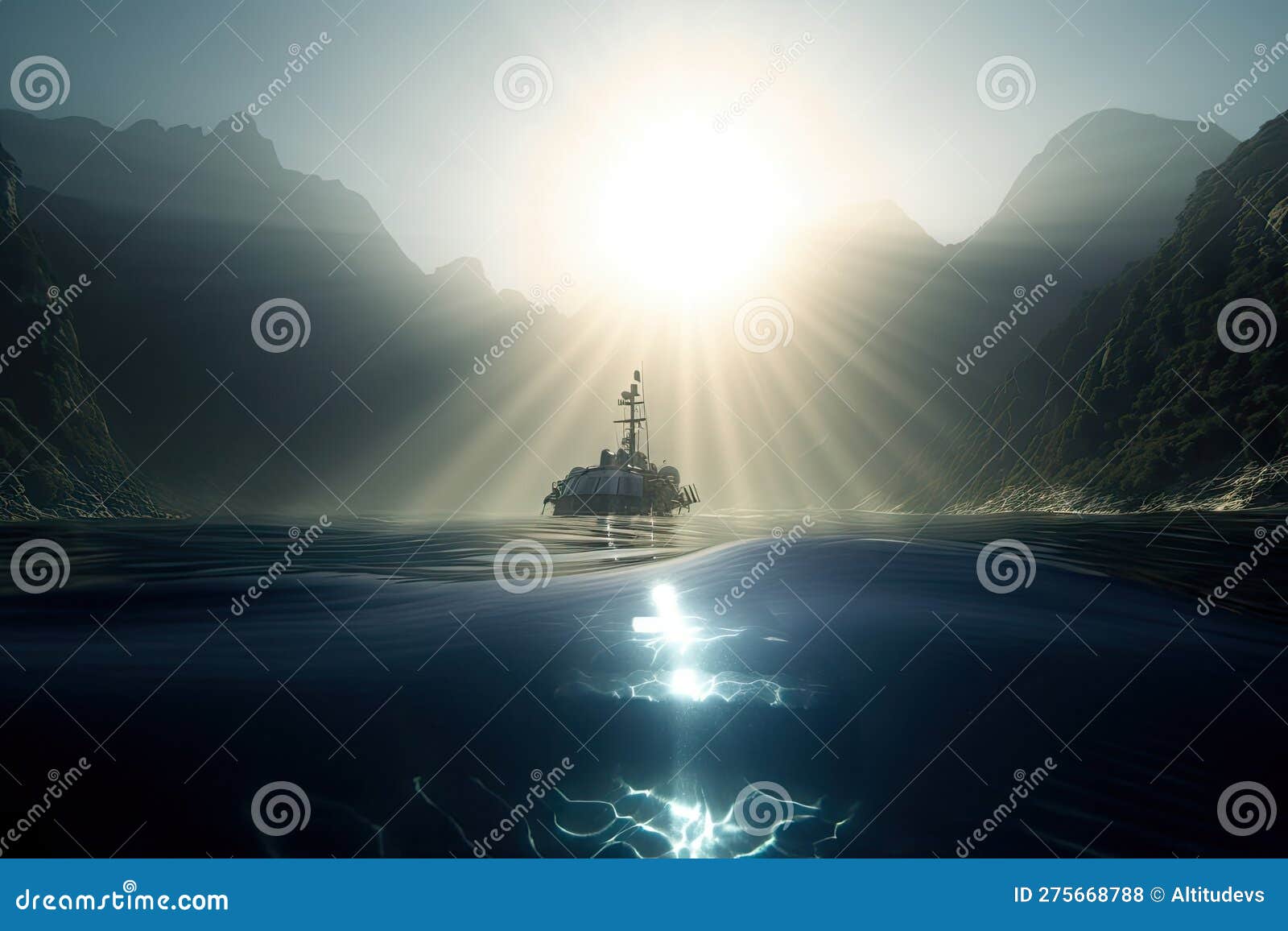Submersible Approaching Underwater Mountain Range, with Sunlight ...