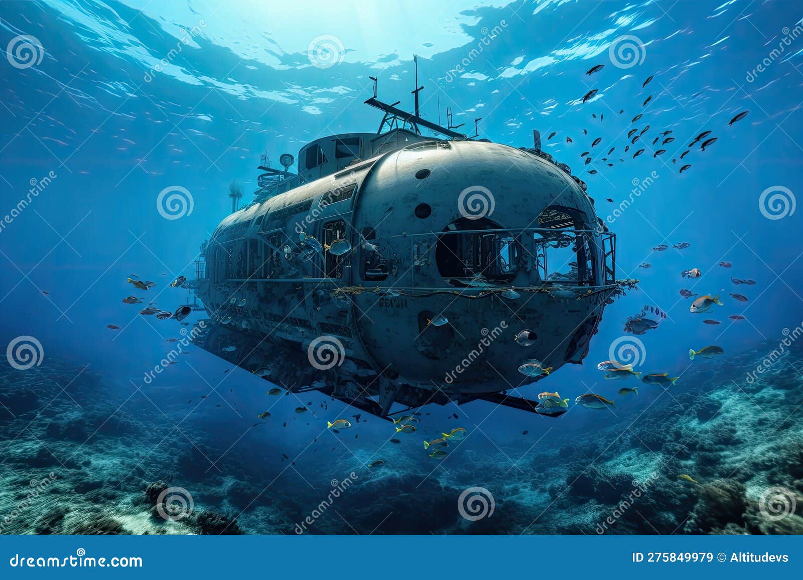 Submersible Exploring Deep Ocean Habitat, with Schools of Fish Swimming ... Submersible Exploring Deep Ocean Habitat, with Schools of Fish Swimming ...
