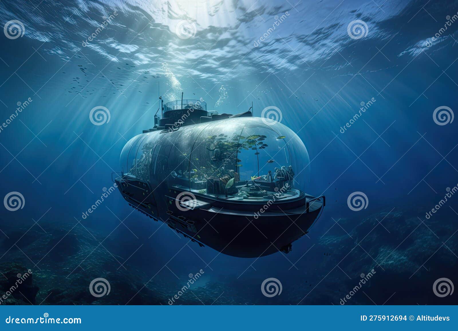 Submersible Exploring Deep Ocean Habitat, with Schools of Fish Swimming ... Submersible Exploring Deep Ocean Habitat, with Schools of Fish Swimming ...