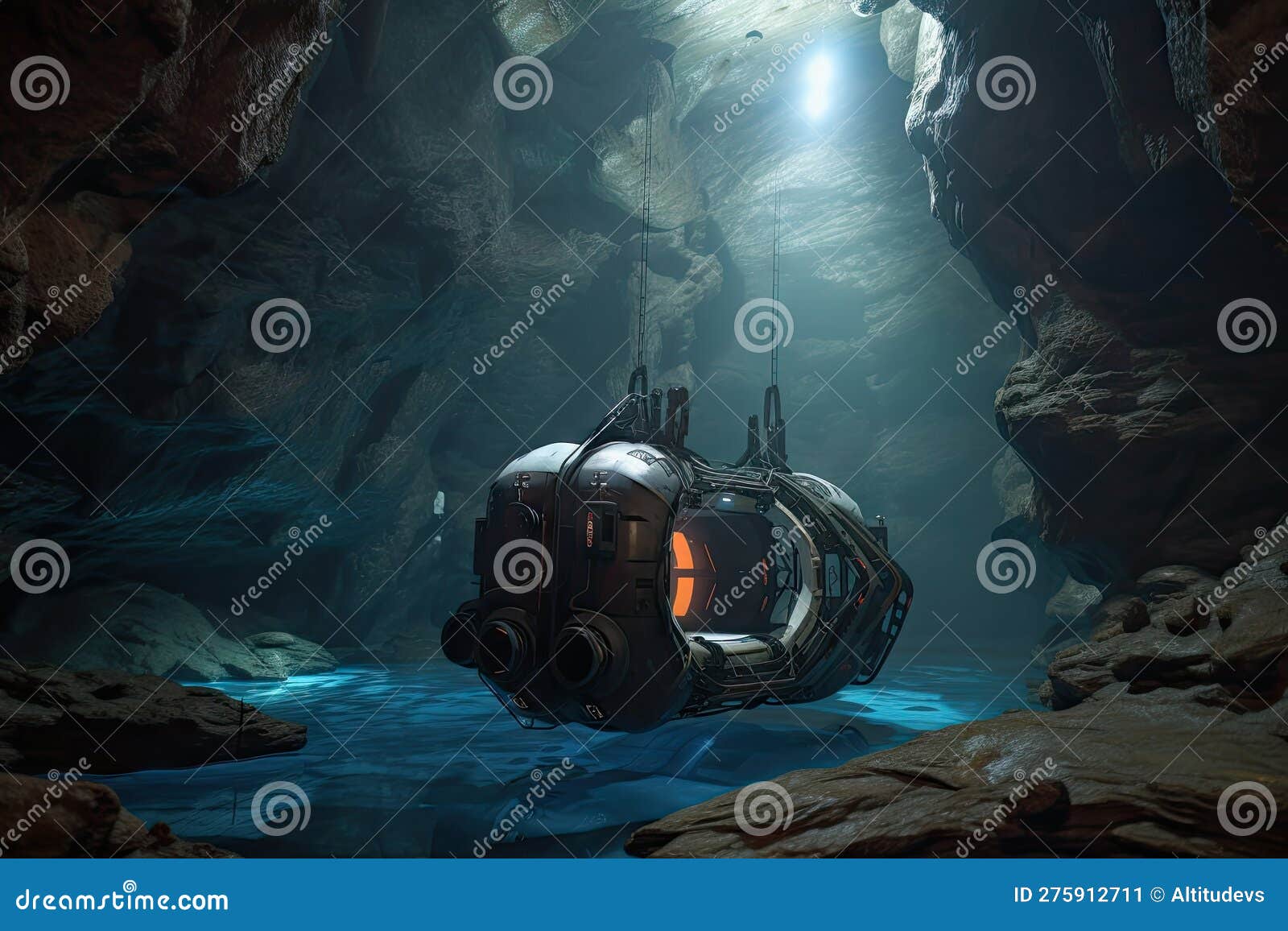 Submersible in Underwater Cave System, Surrounded by Towering Rock ...
