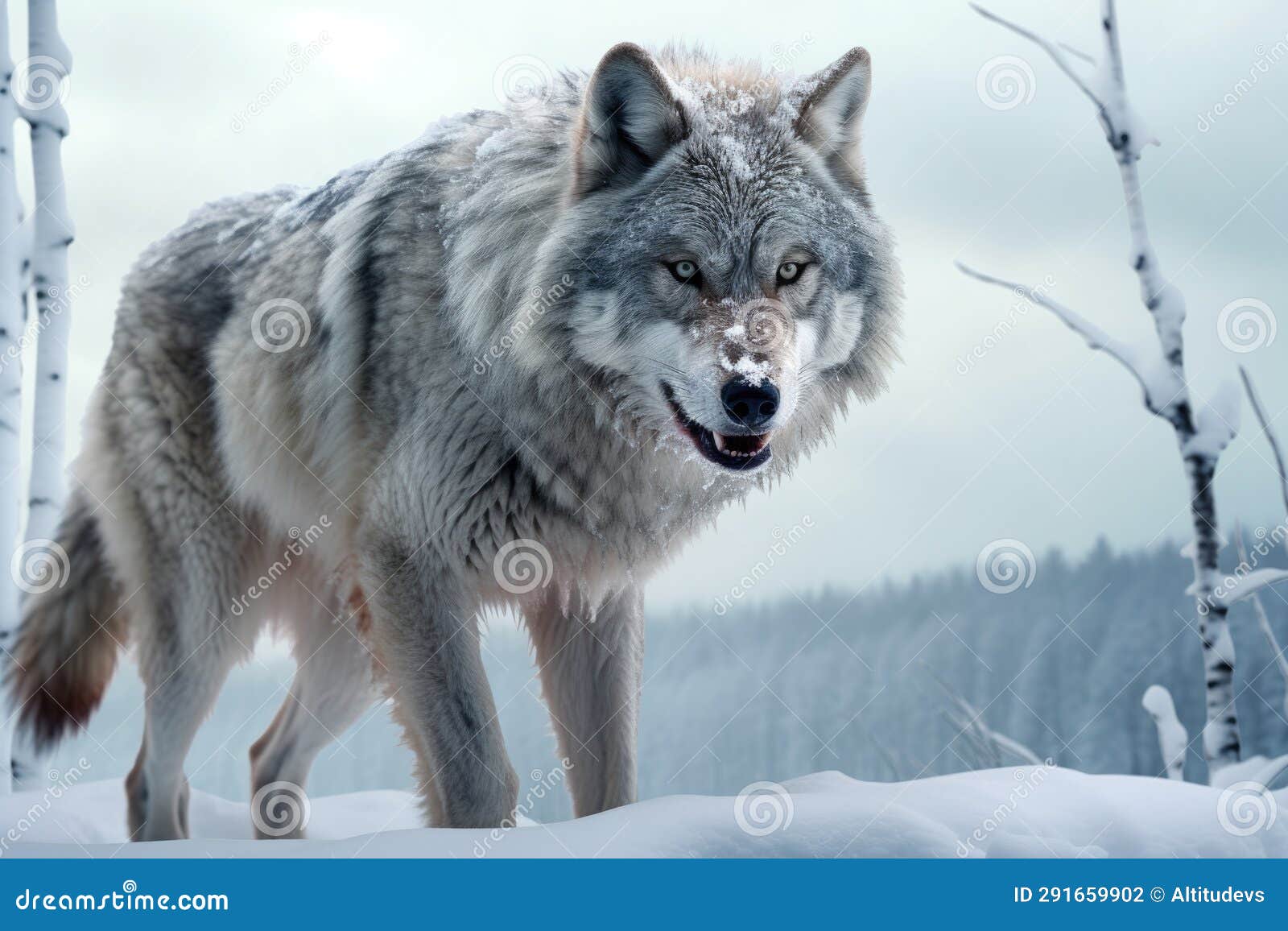 Submissive Posture of a Wolf Against a Snowy Backdrop Stock Photo ...