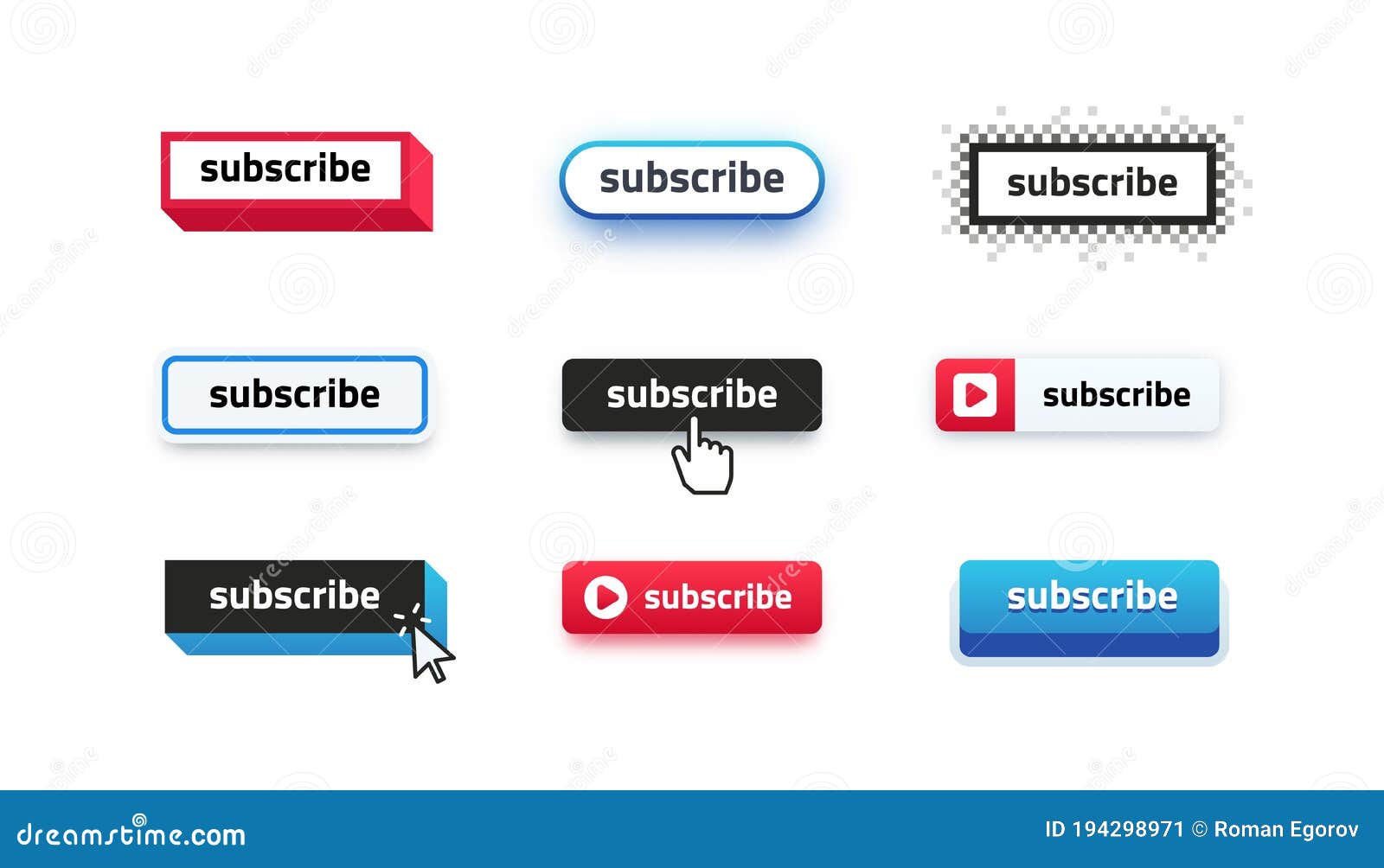Subscribe Buttons. Video Channel Interacting UI Element with Different ...