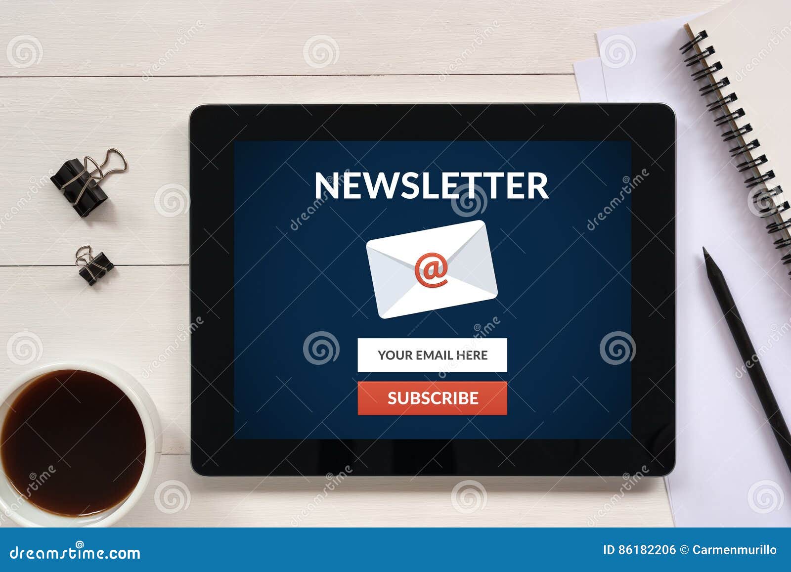 Subscribe Newsletter Concept on Tablet Screen with Office Object Stock ...