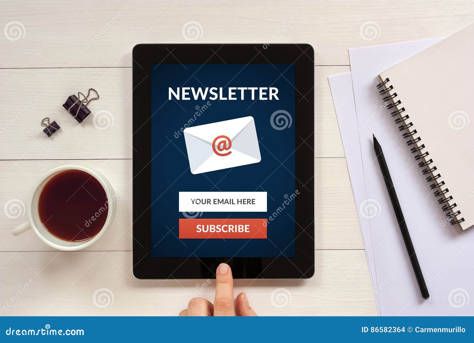 Subscribe Newsletter Concept on Tablet Screen with Office Object Stock ...