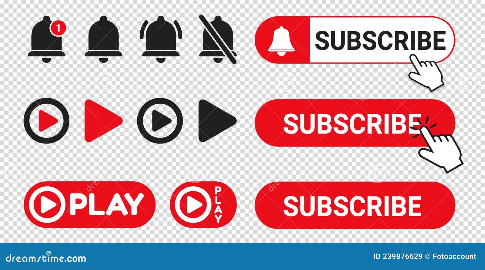 Subscribe, Notification and Play Button Set - Vector Illustrations ...