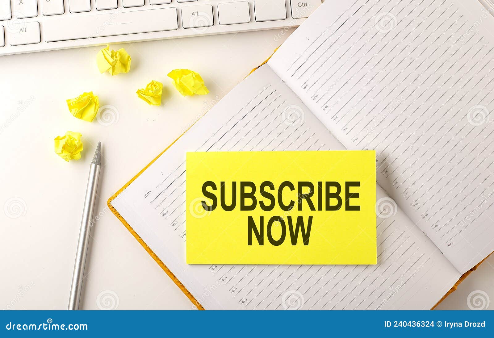 SUBSCRIBE NOW Text on Sticker on Diary with Keyboard and Pencil Stock ...