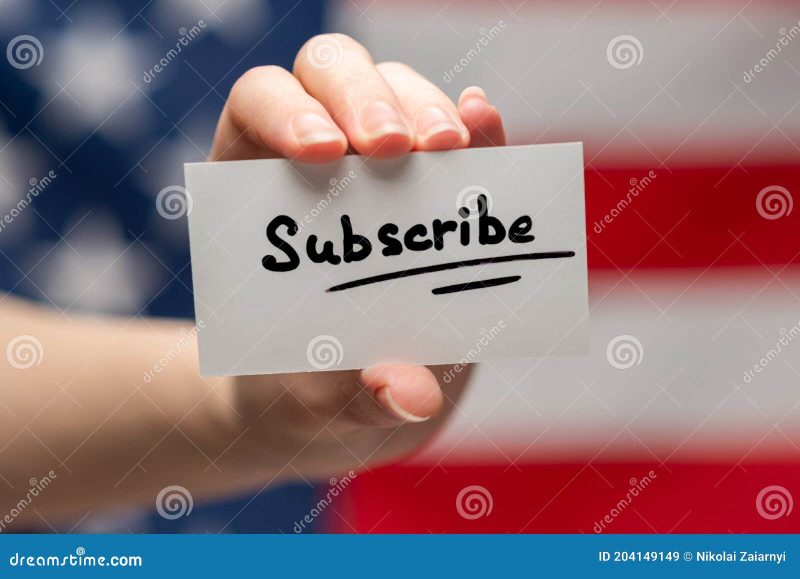 Subscribe Text on a Card. American Flag Background Stock Image - Image ...