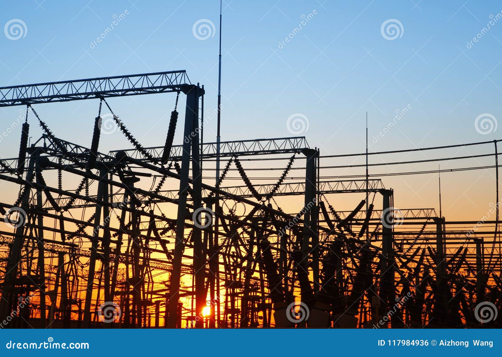 Substation silhouette stock photo. Image of dusk, cables - 117984936