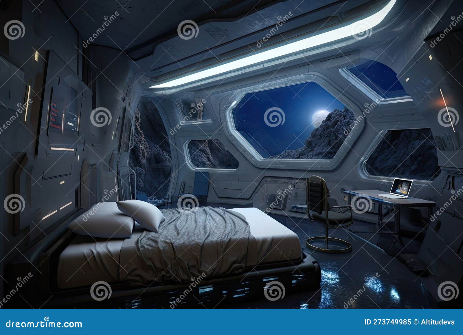 Subterranean Spaceship Bedroom, with View of the Stars and Distant ...
