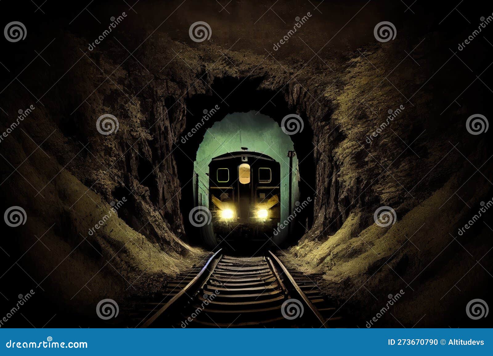 Subterranean Tunnel, with Track and Train Emerging from the Darkness ...