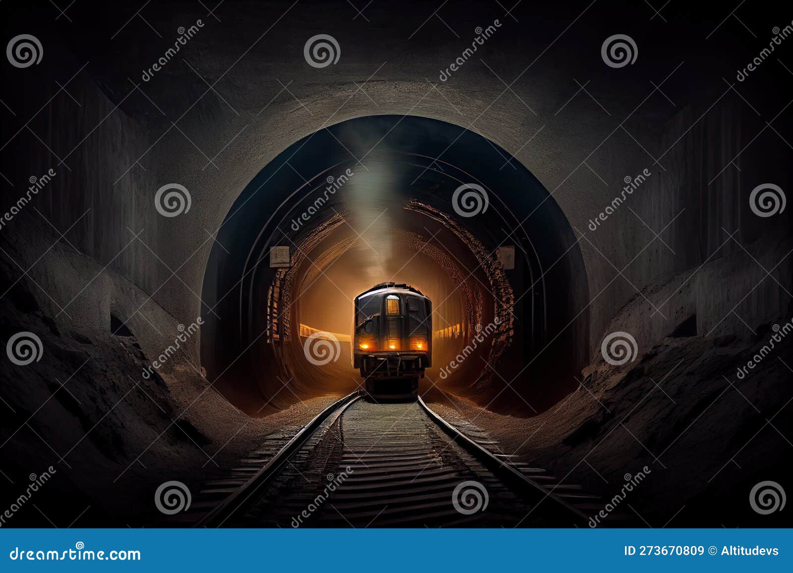 Subterranean Tunnel, with Track and Train Emerging from the Darkness ...