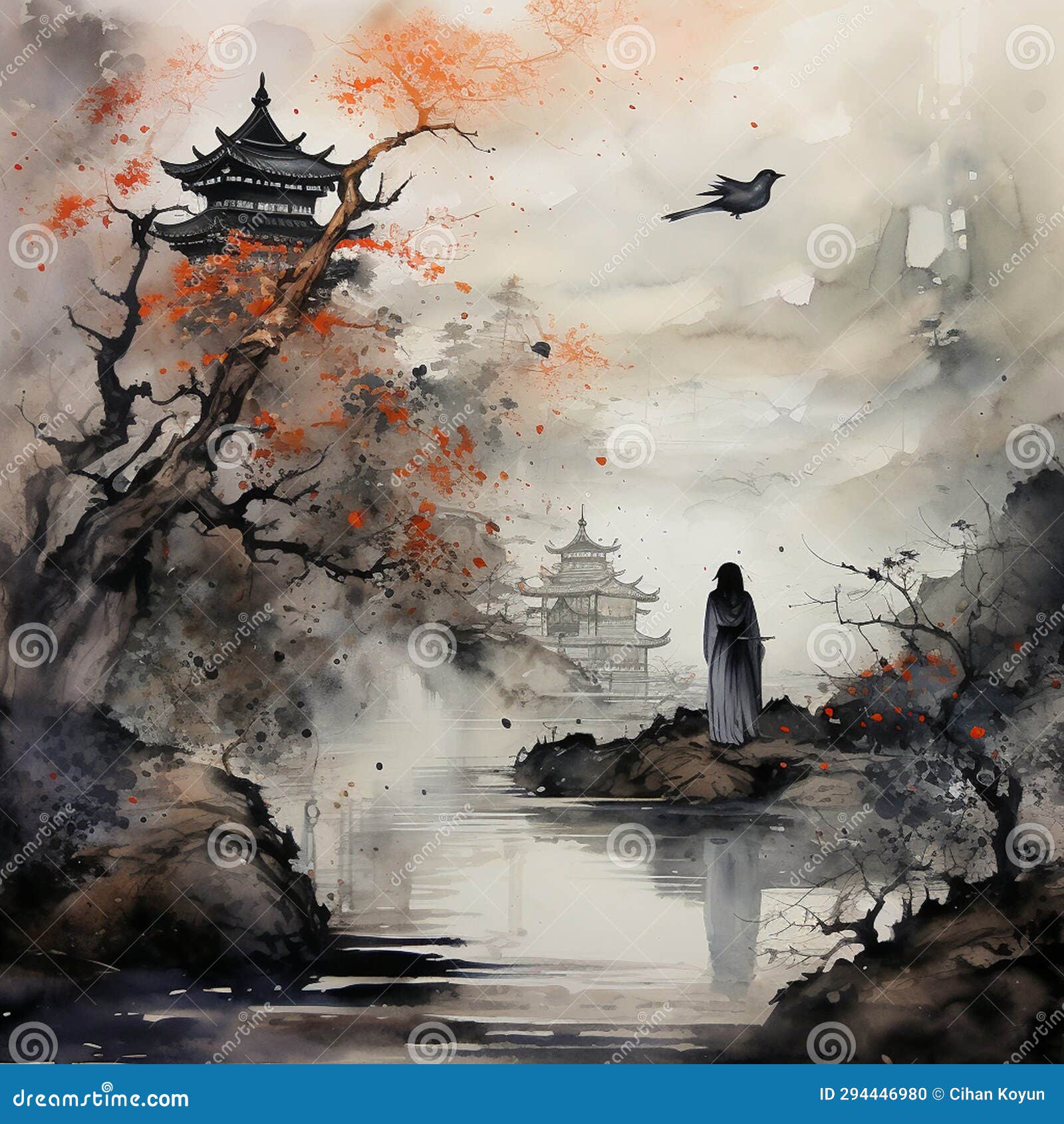 Subtle Tree Sumi-e Ink Painting Stock Illustration - Illustration of ...