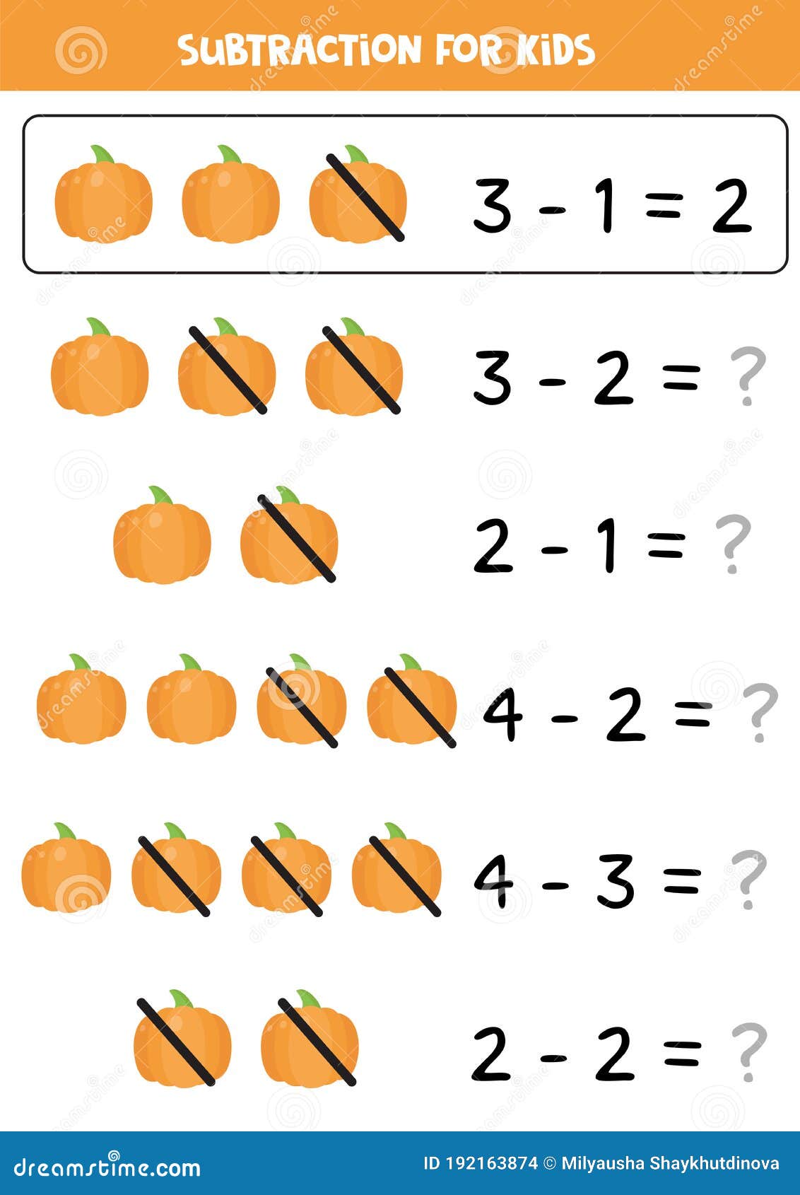 Subtraction with Cartoon Vector Pumpkin. Educational Math Game. Stock ...