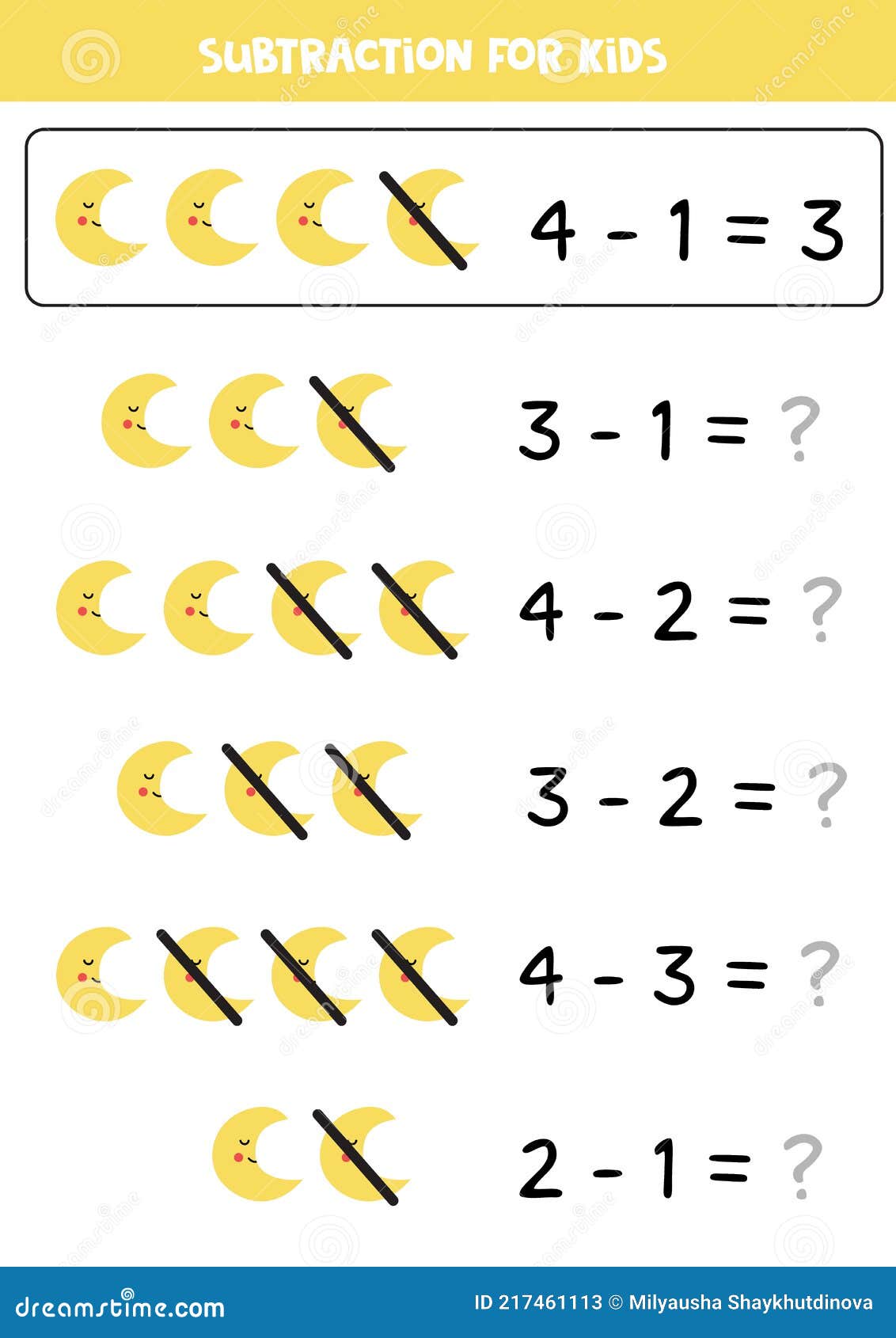 Subtraction with Crescent. Educational Math Game for Kids. Stock Vector ...