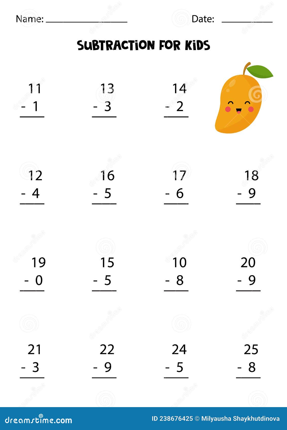Subtraction with Cute Kawaii Mango. Educational Math Game for Kids ...