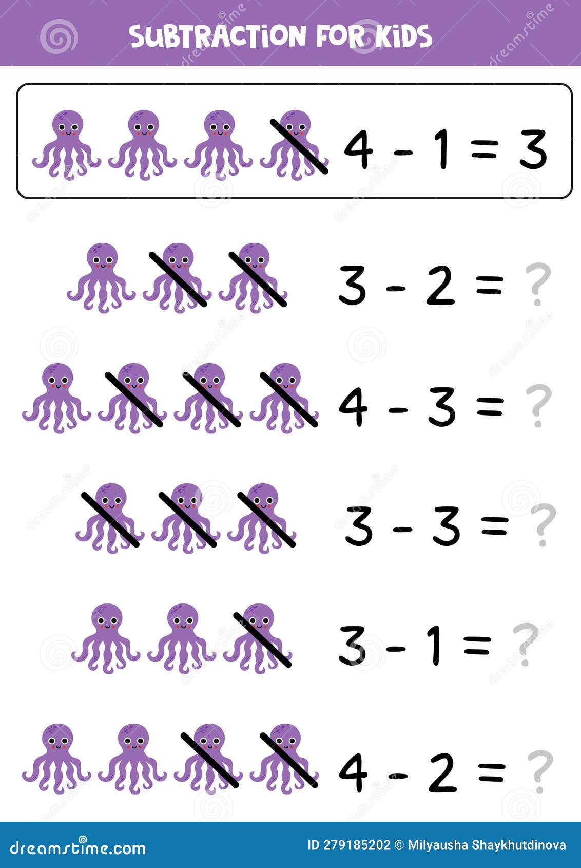 Subtraction with Cute Purple Octopus. Educational Math Game for Kids ...