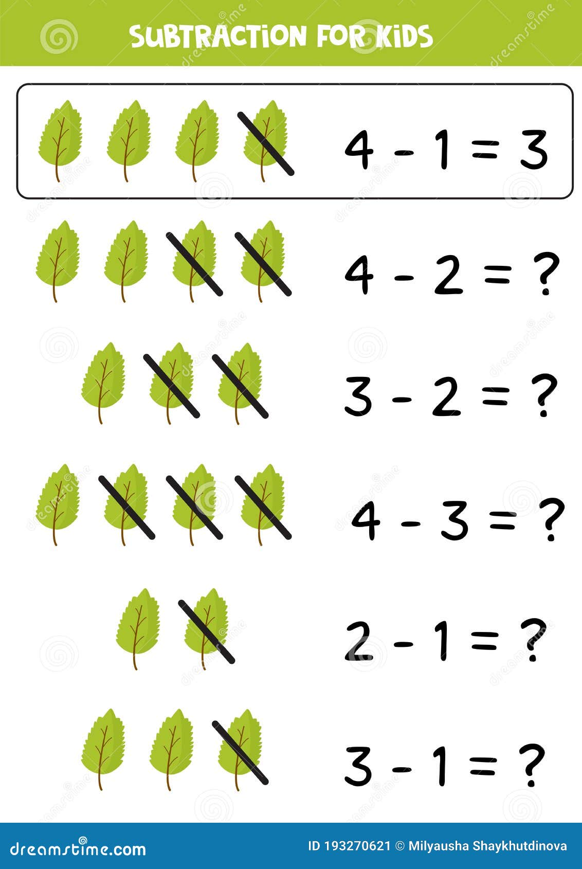 Subtraction with Green Leaf. Basic Math for Kids. Stock Vector ...