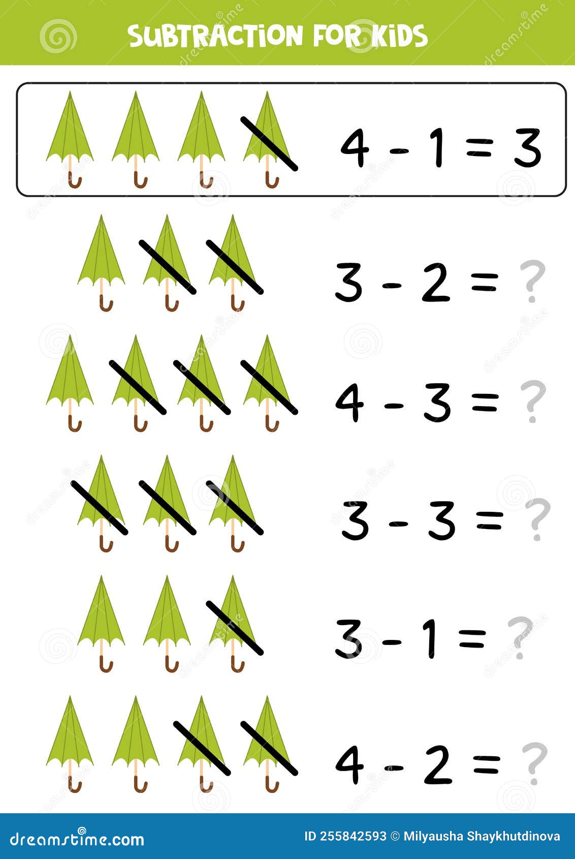 Subtraction with Green Umbrella. Educational Math Game for Kids Stock ...