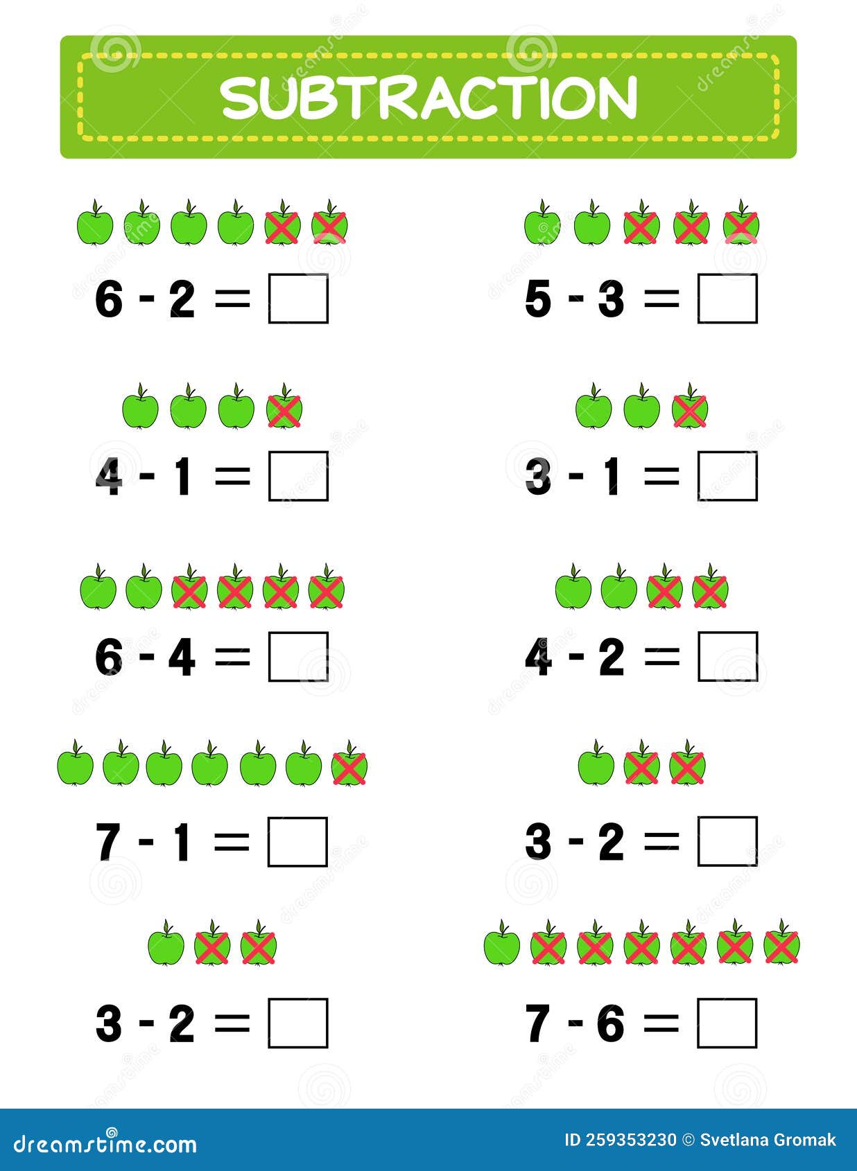 Subtraction. Math Worksheet for Kids. Developing Numeracy Skills. Solve ...