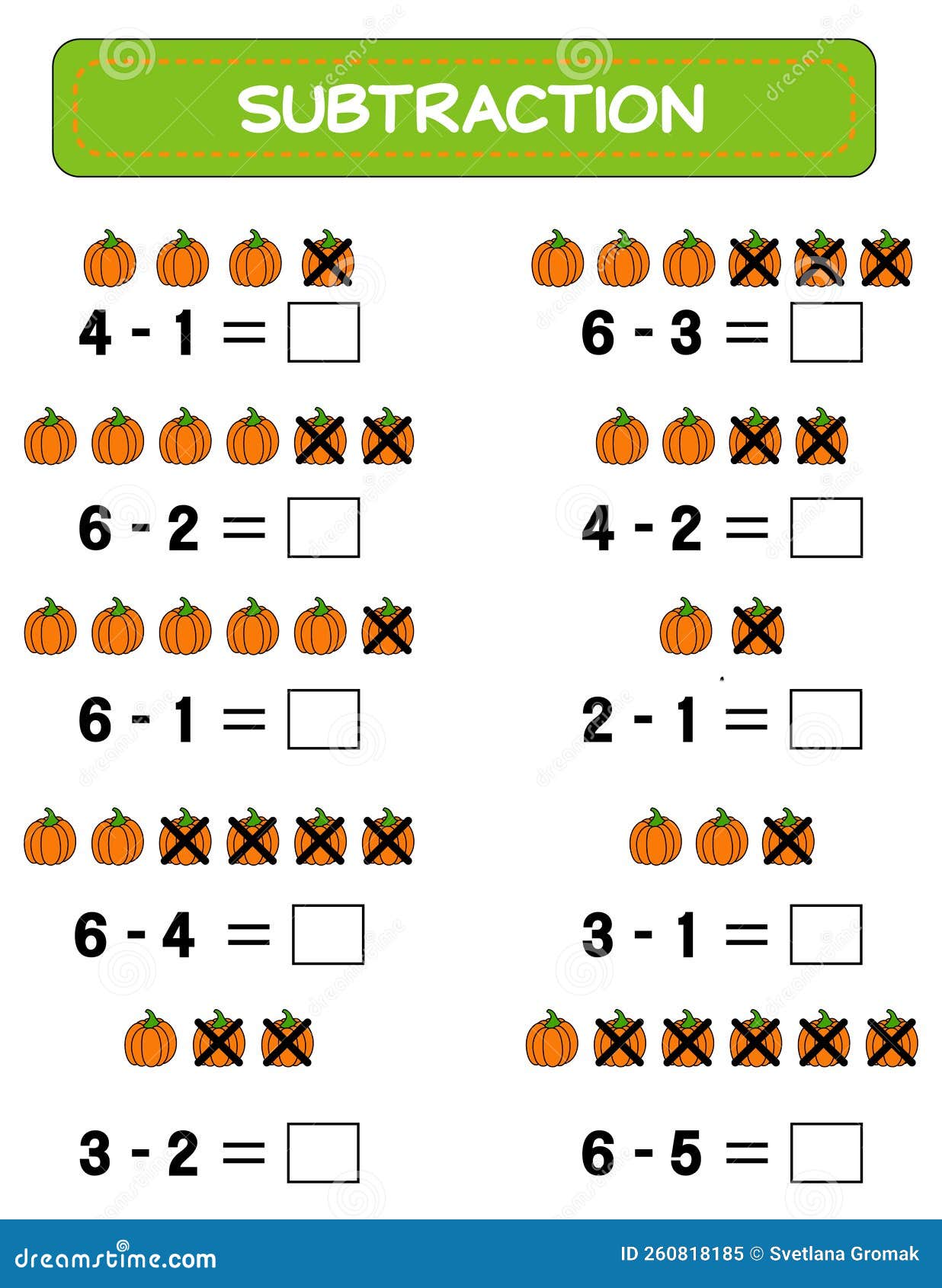 Subtraction. Math Worksheet for Kids. Developing Numeracy Skills. Solve ...