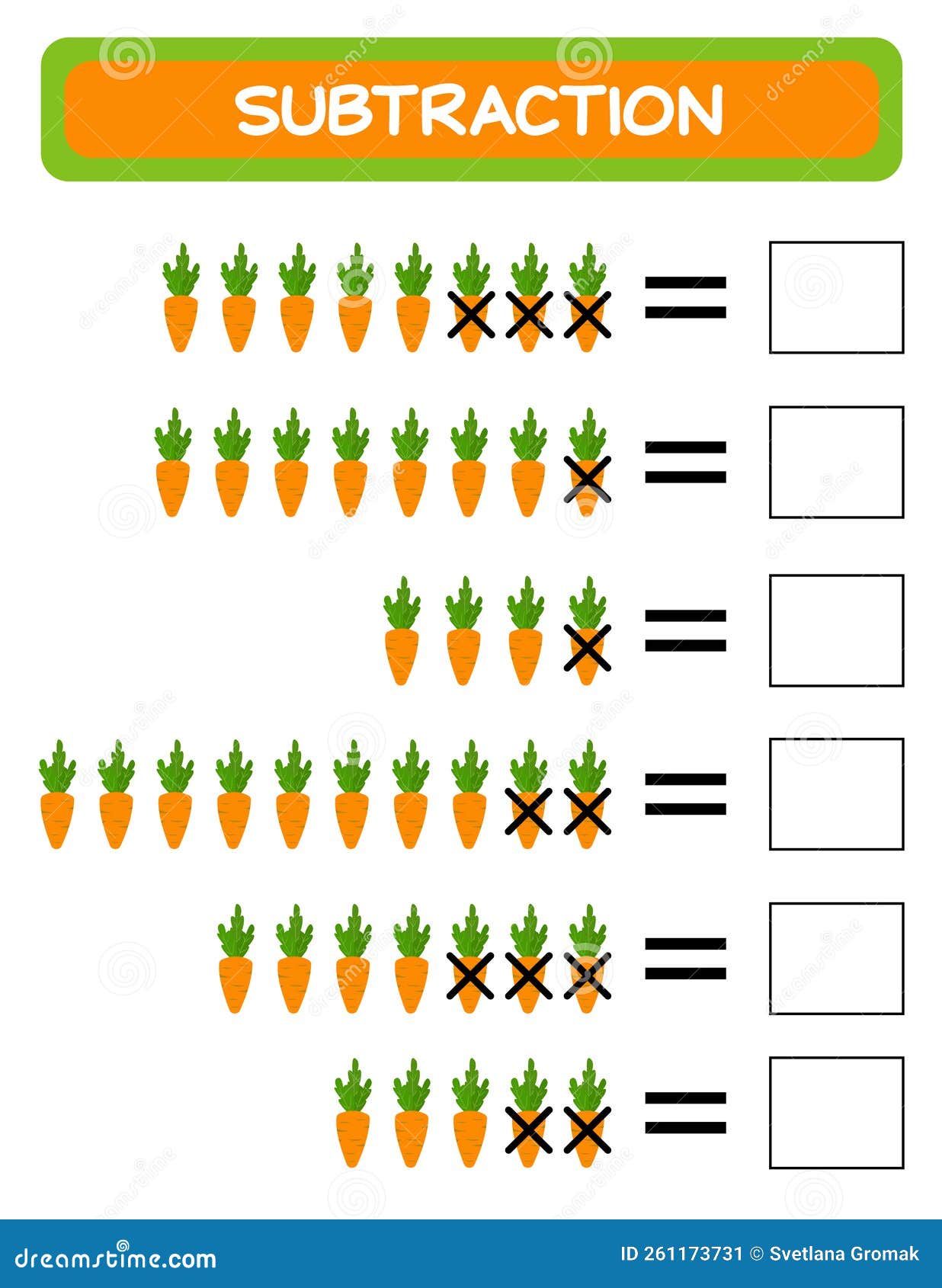 Subtraction. Math Worksheet for Kids. Developing Numeracy Skills. Solve ...